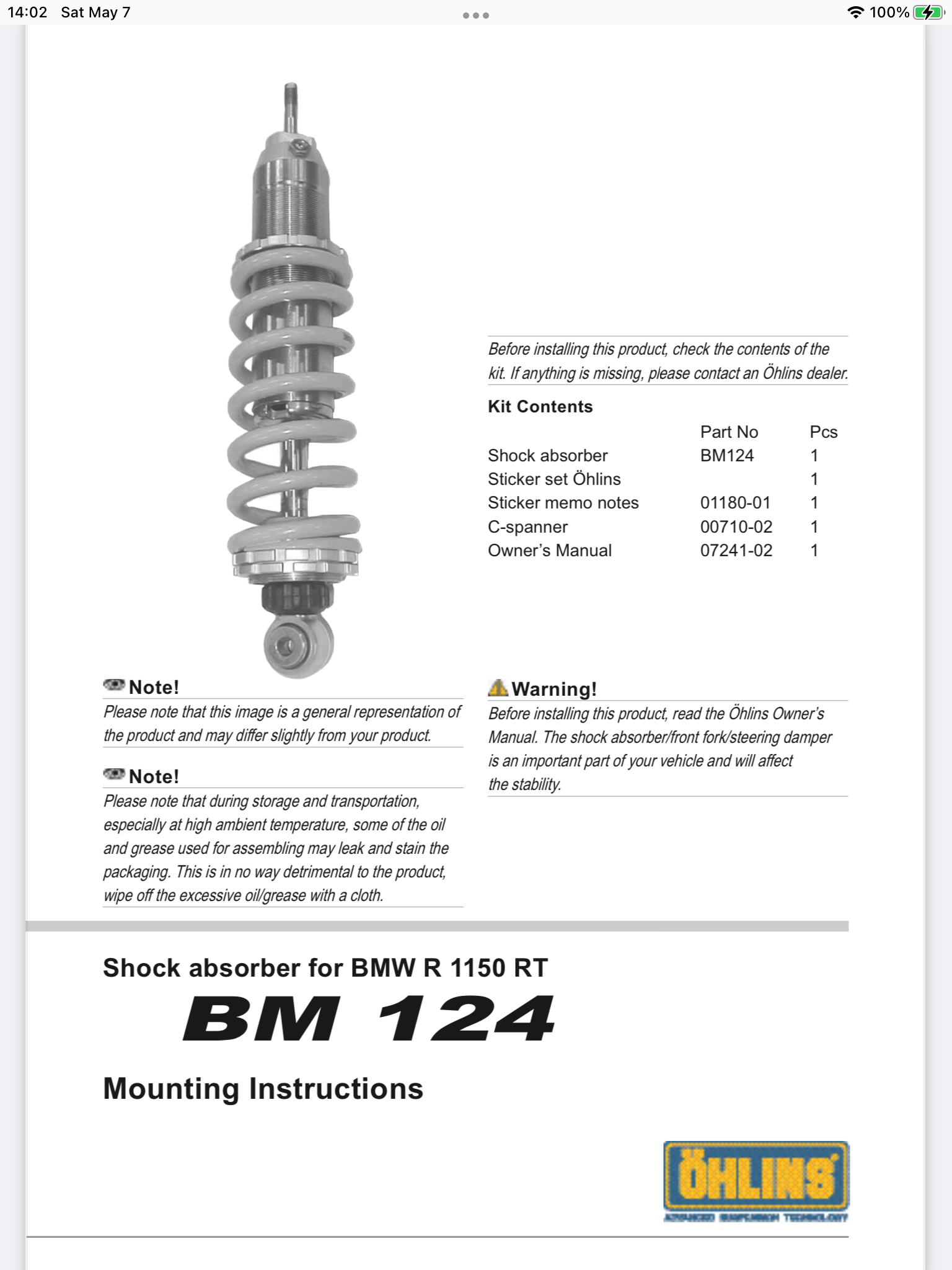 SOLD - FS Ohlins Front Racing Shock for BMW RT - Parts and Accessories ...