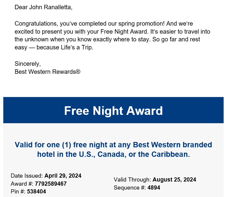 One free night at Best Western - Riders Discuss Other Topics ...